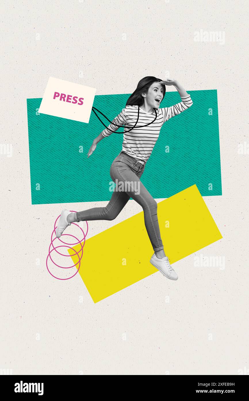 Vertical photo collage of happy girl reporter run wear badge press ...
