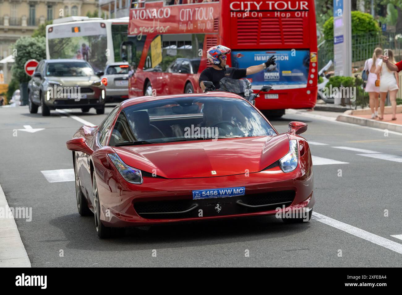 Monte Carlo, Monaco - View on a red Ferrari 458 Spider driving on a ...