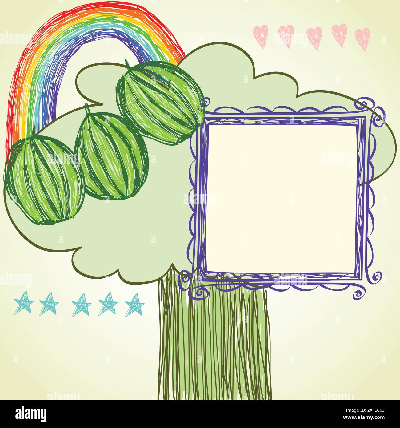 child's drawing of a multicolored rainbow and tree with watermelons ...
