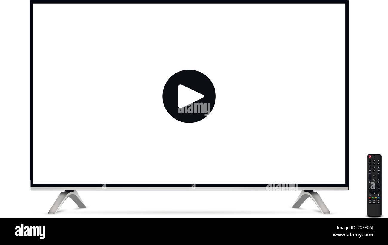 TV oled flat screen with play button on screen and remote control ...
