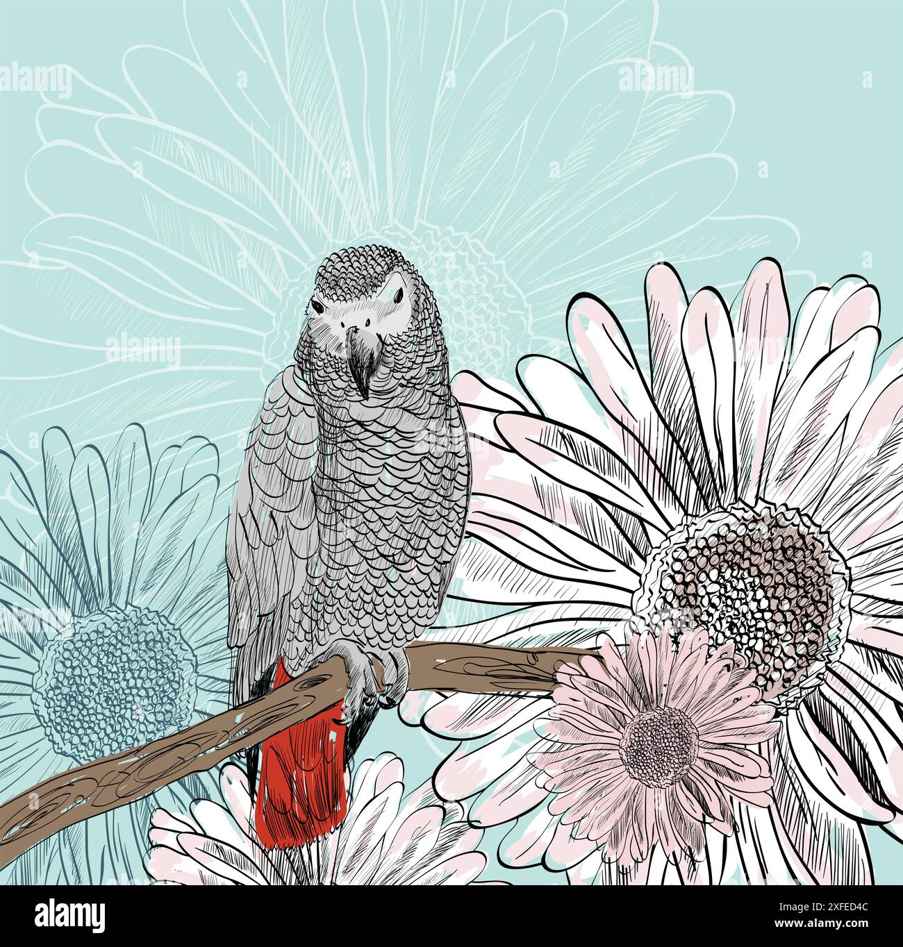 Vector sketch of a parrot with flowers. Hand drawn illustration Stock ...