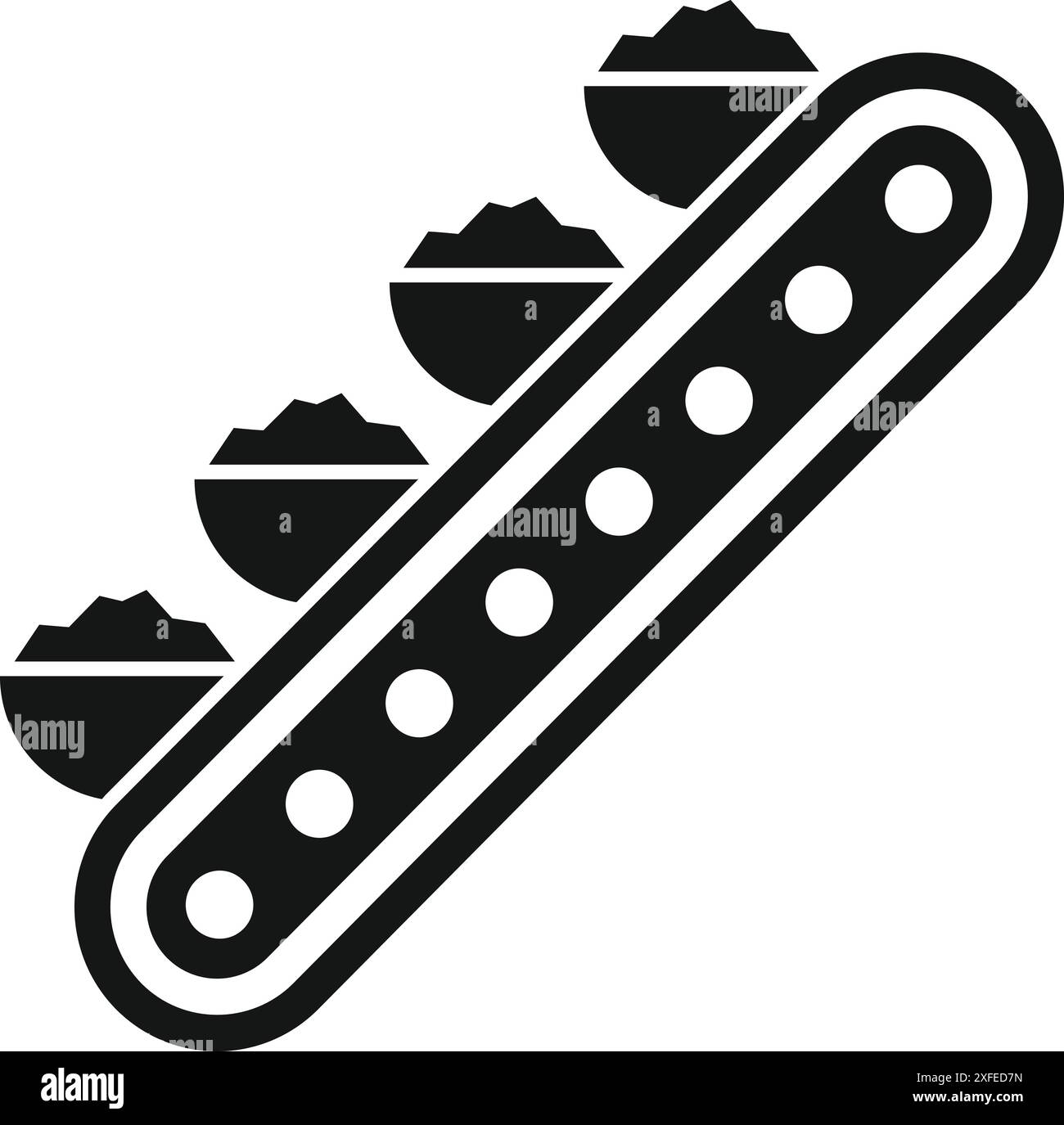 Black silhouette of a conveyor belt transporting full mining carts, a ...
