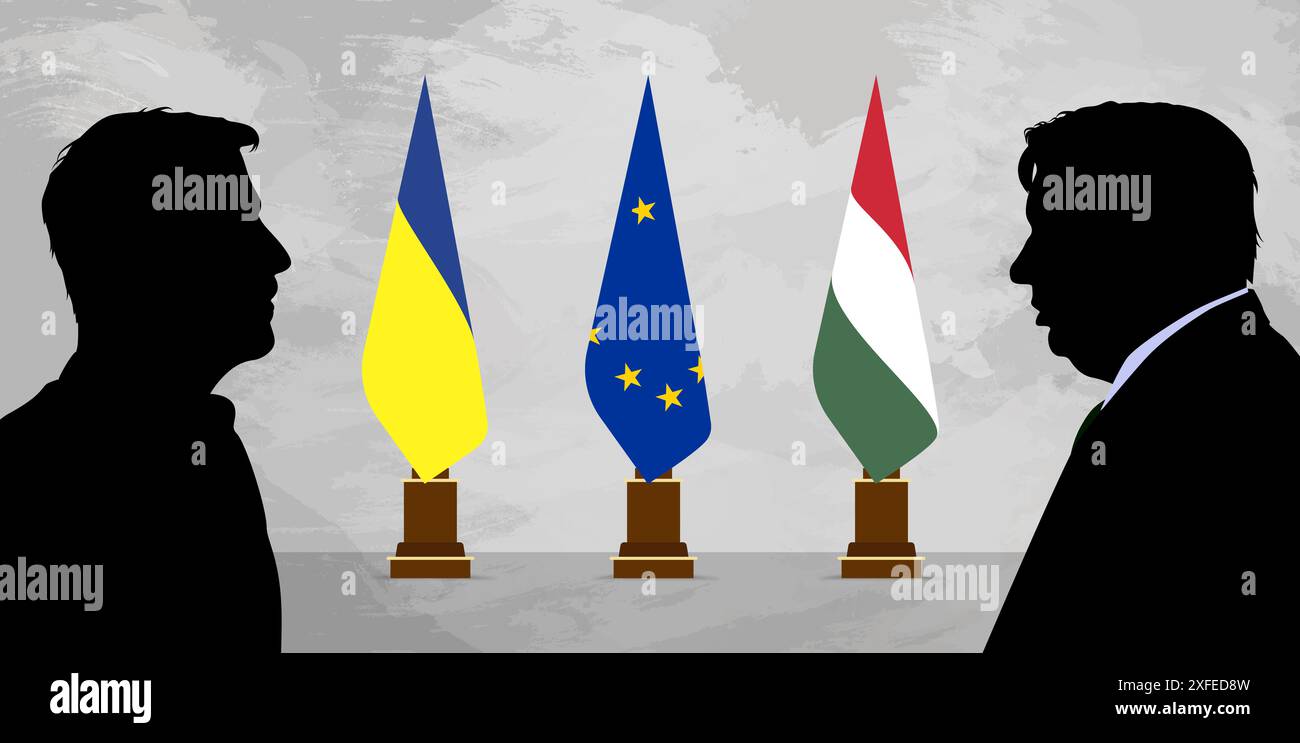 July 02, 2024. Kyiv. Silhouette of Viktor Orban and Volodymyr Zelenskyy ...