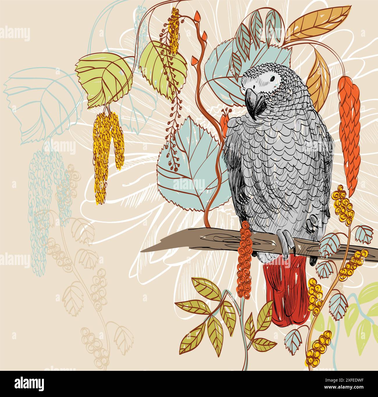 Vector sketch of a parrot with plants. Hand drawn illustration Stock ...