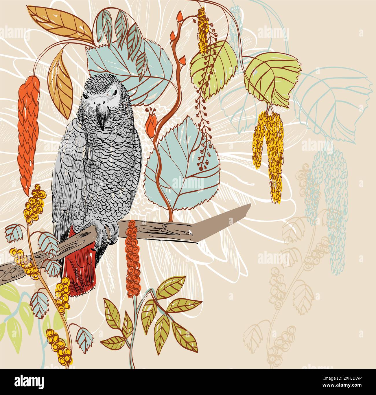 Vector sketch of a parrot with plants. Hand drawn illustration Stock ...
