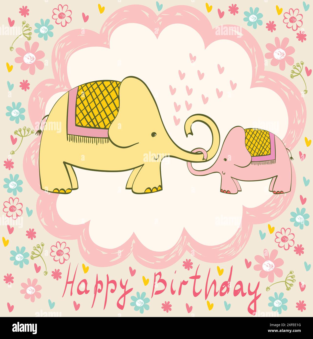 Hand drawn illustration with cartoon elephant. Invitation card Stock ...