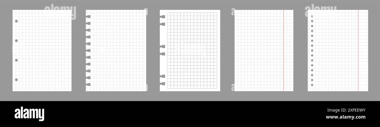 Set of notebook sheets isolated on gray background. Realistic white blanks of checkered paper ...