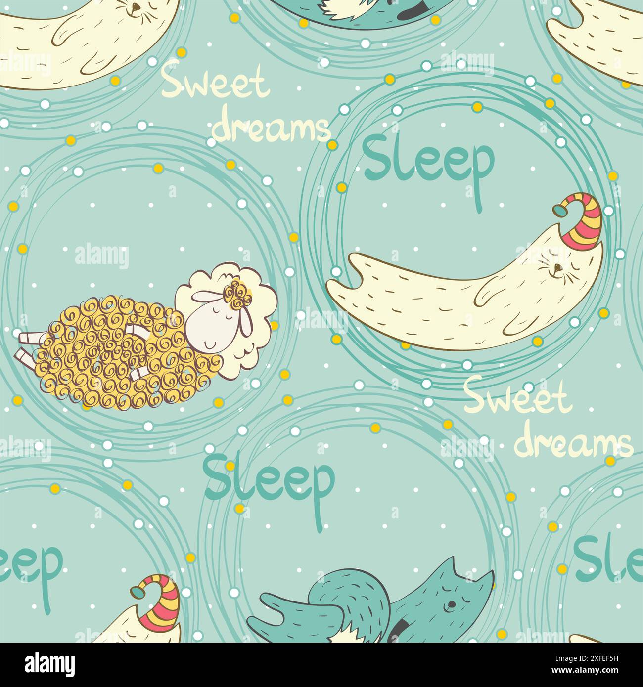 Cartoon Sleeping animals. Hand Drawn illustration. Seamless pattern ...