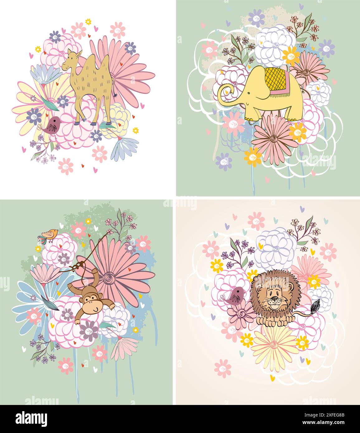 Stylish florals background with cartoon animals in light colors Stock ...
