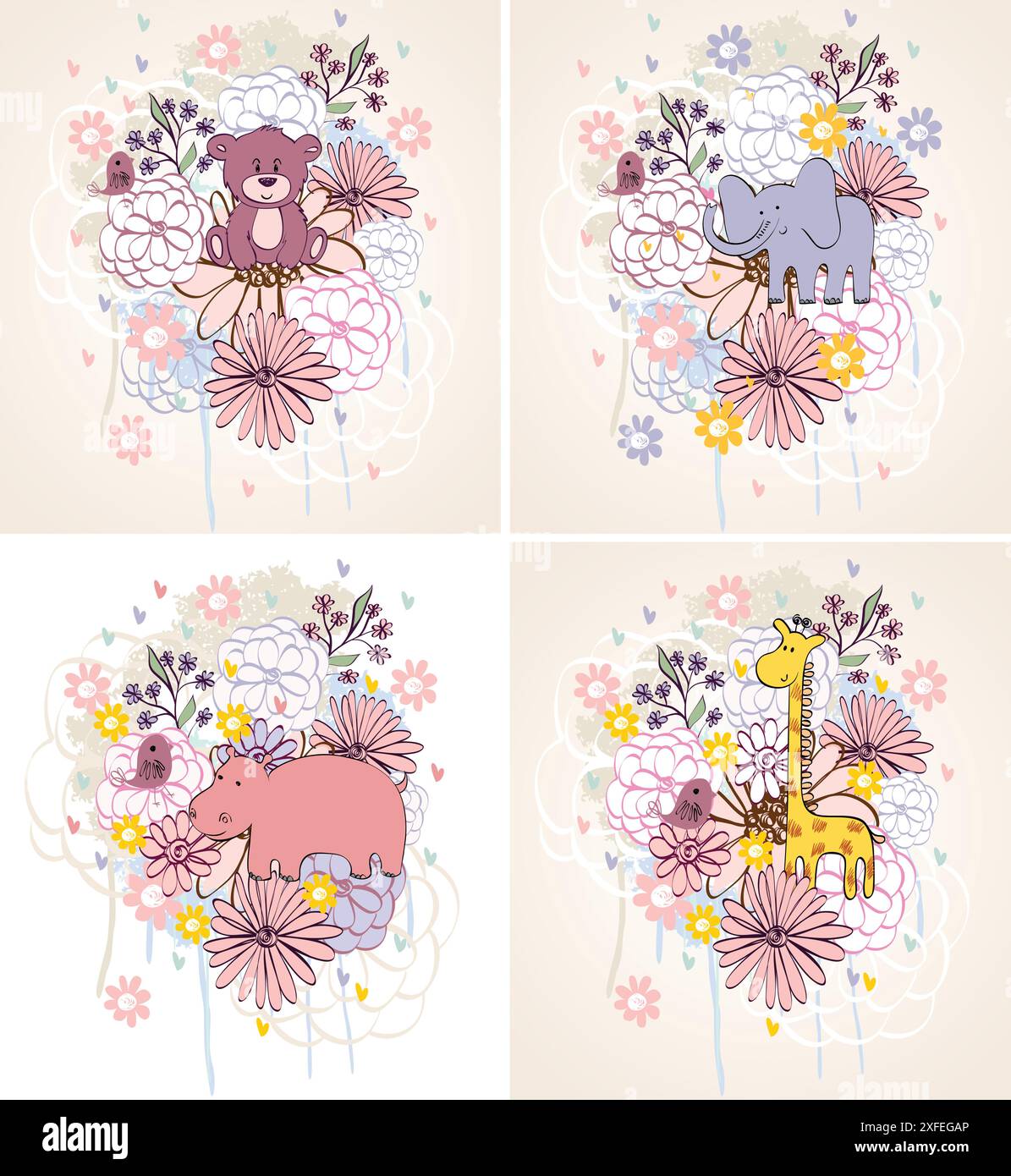 Stylish florals background with cartoon animals in light colors Stock ...