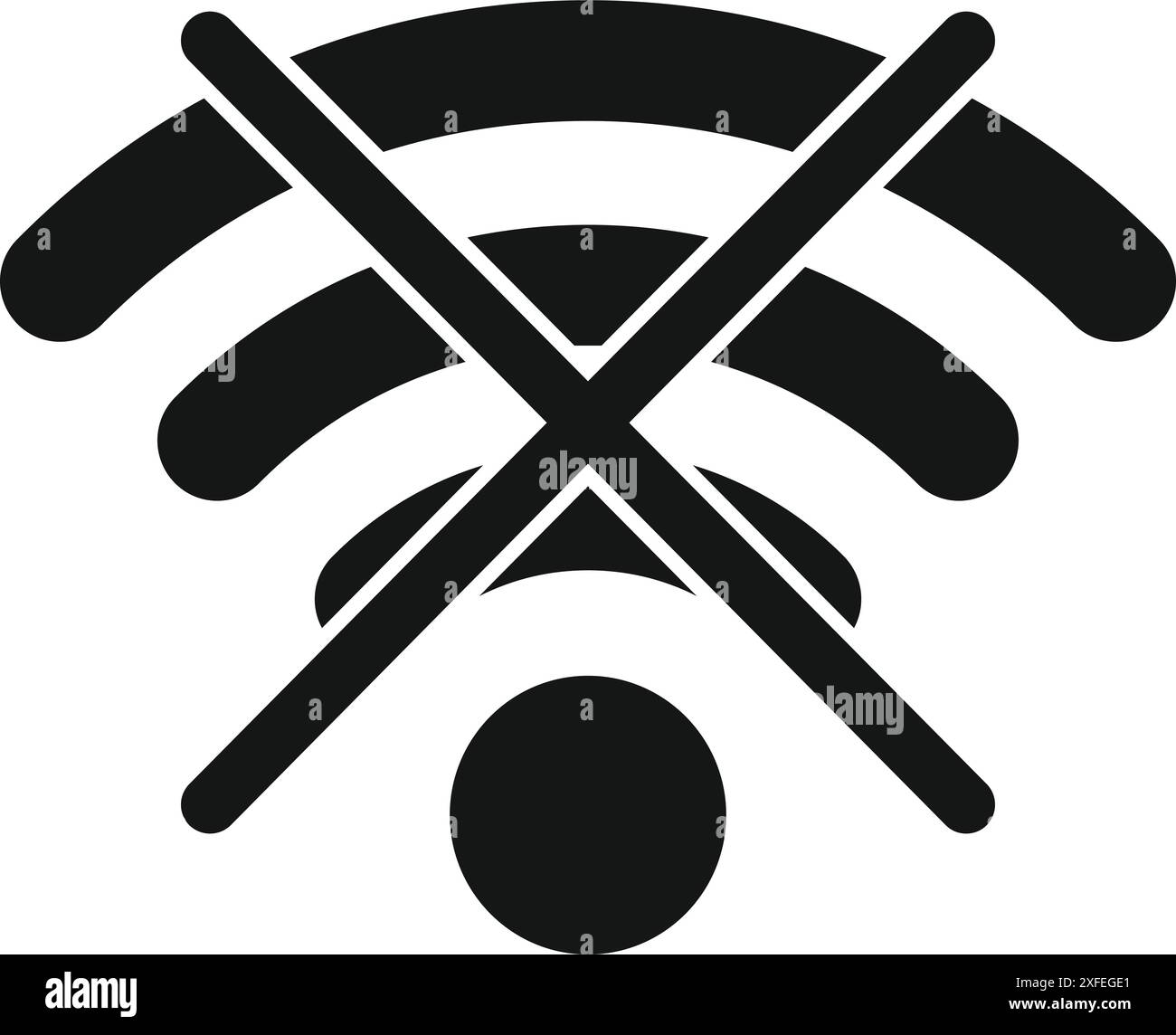 Simple black icon representing a wifi signal crossed out, indicating no wireless connection is ...