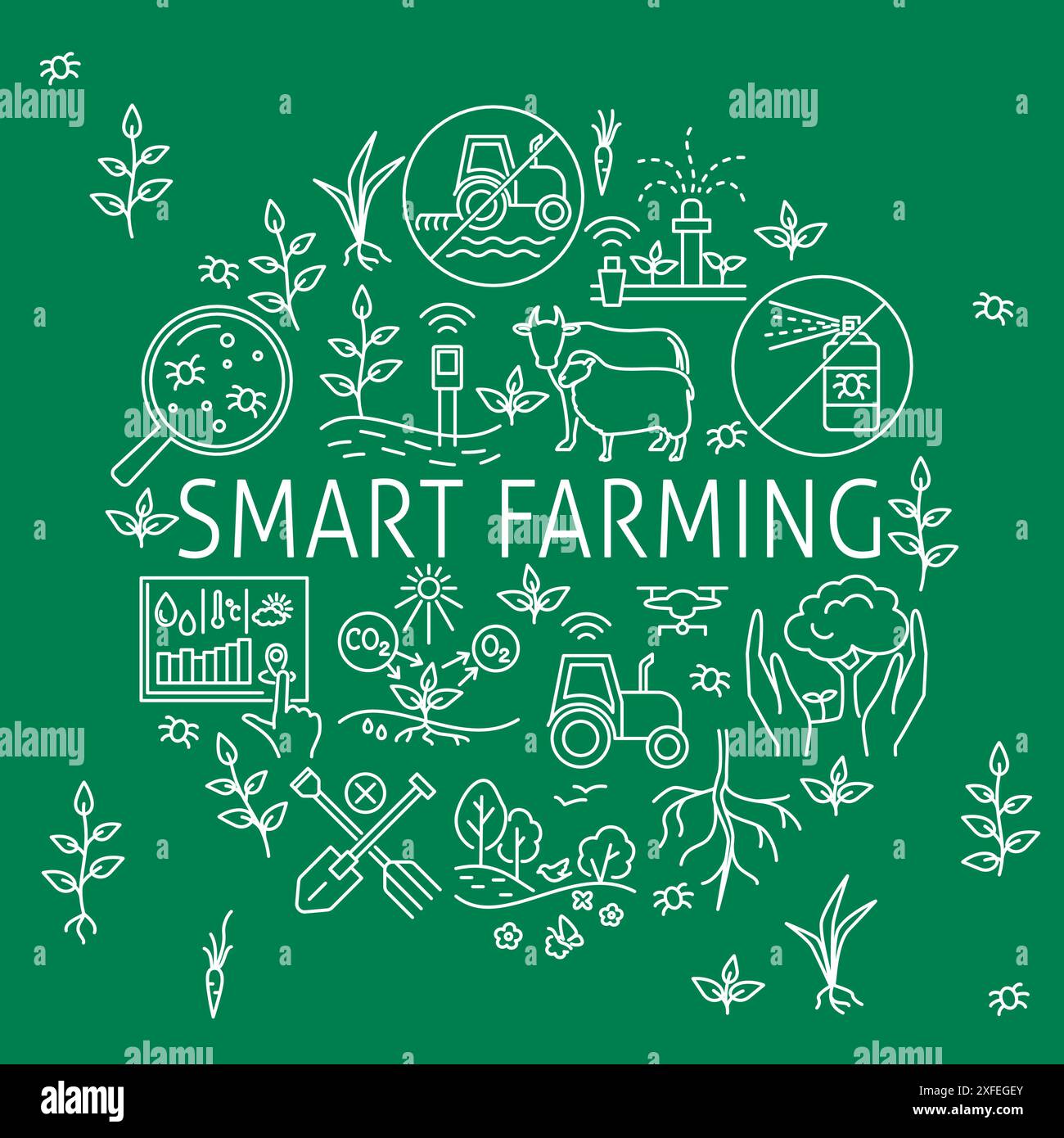 Smart farming round concept banner in line style. Sustainable ...