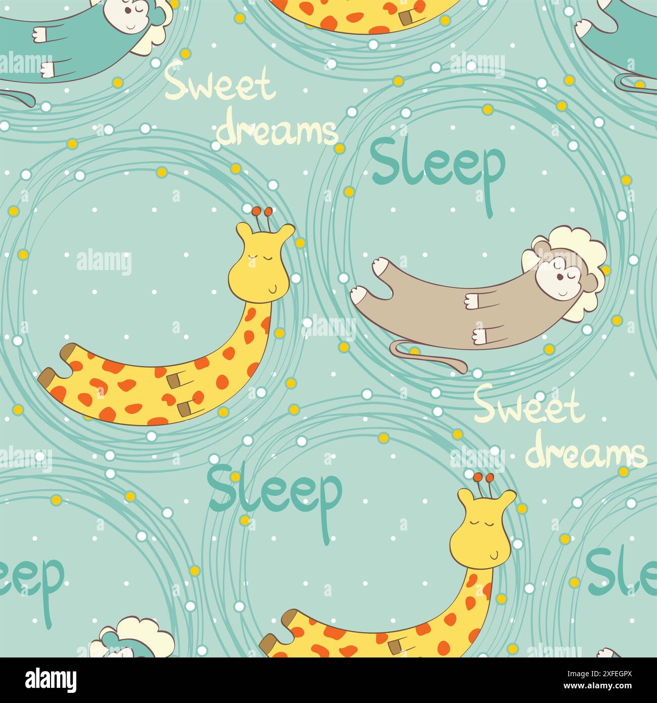 Cartoon Sleeping animals. Cute Hand Drawn seamless pattern Stock Vector ...