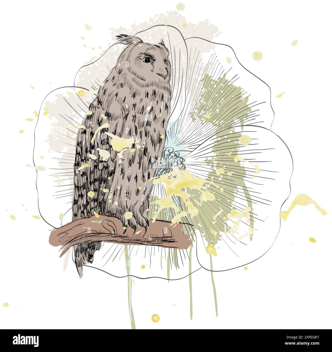 Vector sketch of a owl with flowers. Hand drawn illustration Stock ...
