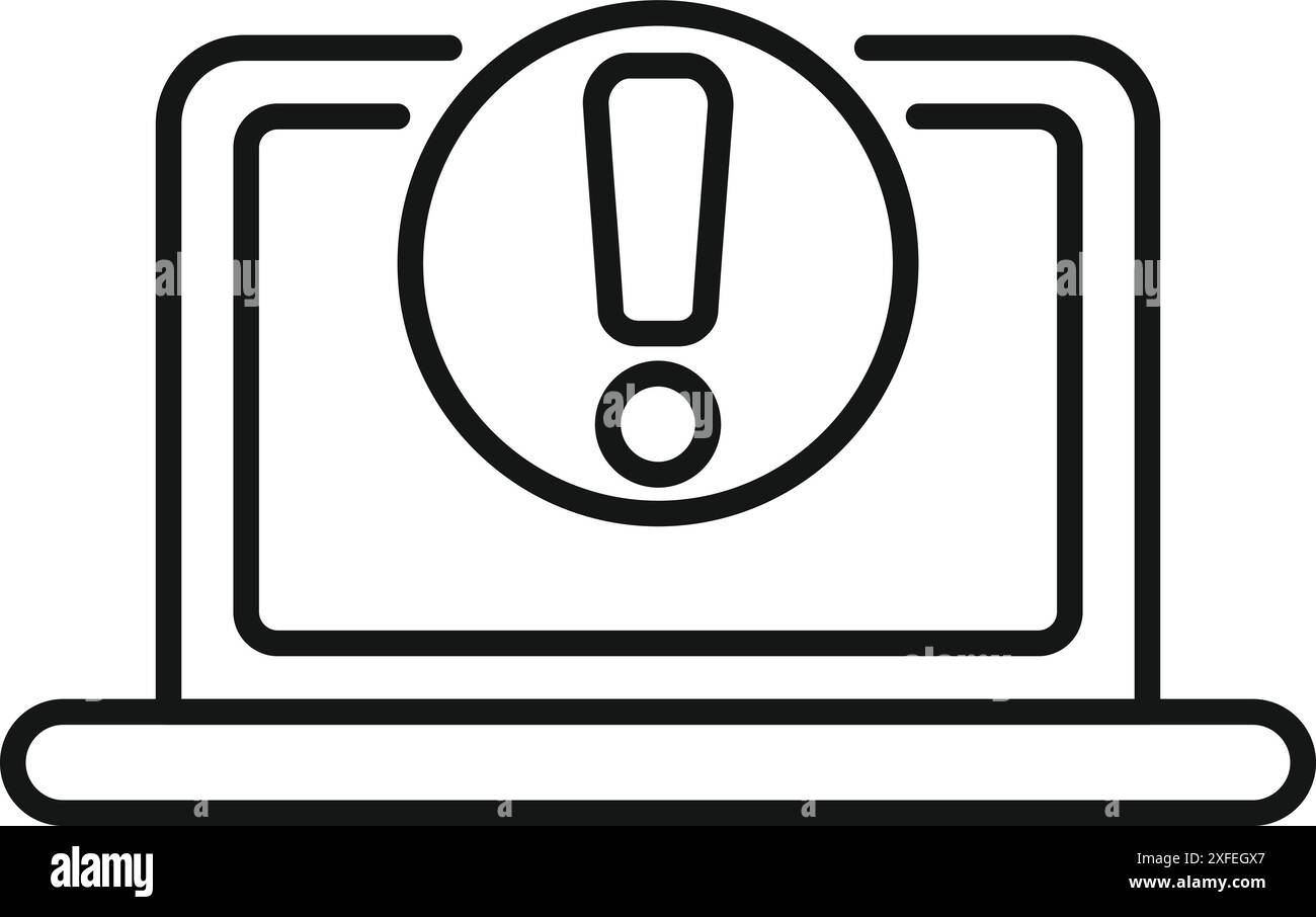 Laptop computer is displaying a warning exclamation mark symbol icon, indicating a problem or ...