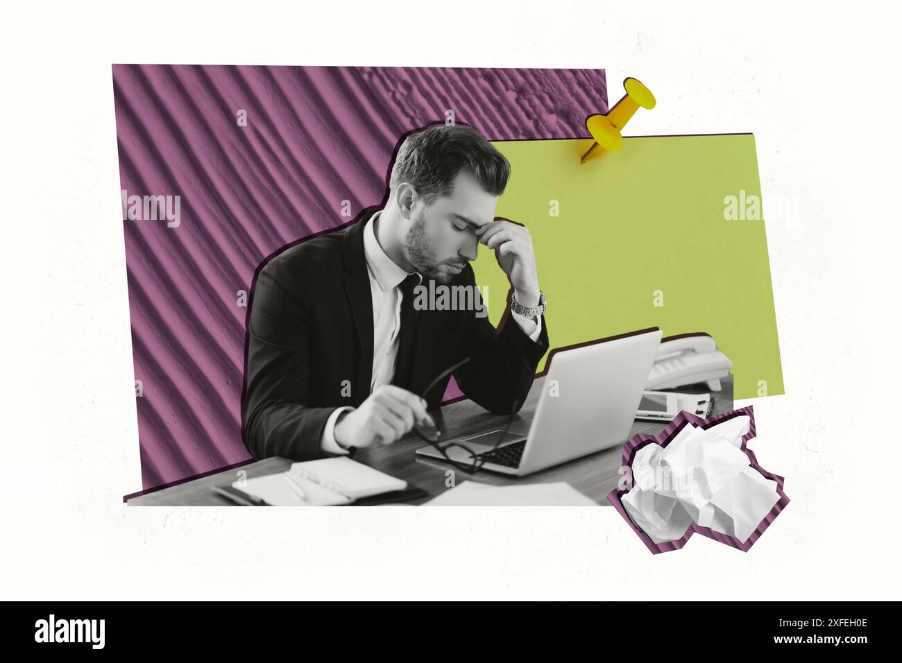 Composite photo collage of sad businessman work problem crumpled paper ...