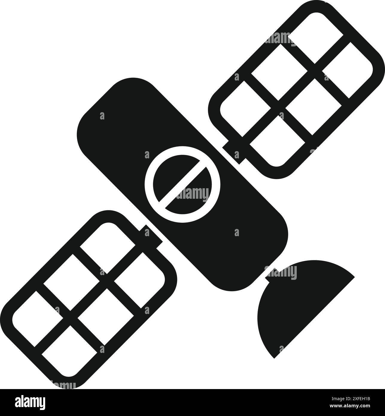 Simple black and white icon of a space satellite orbiting the earth and ...