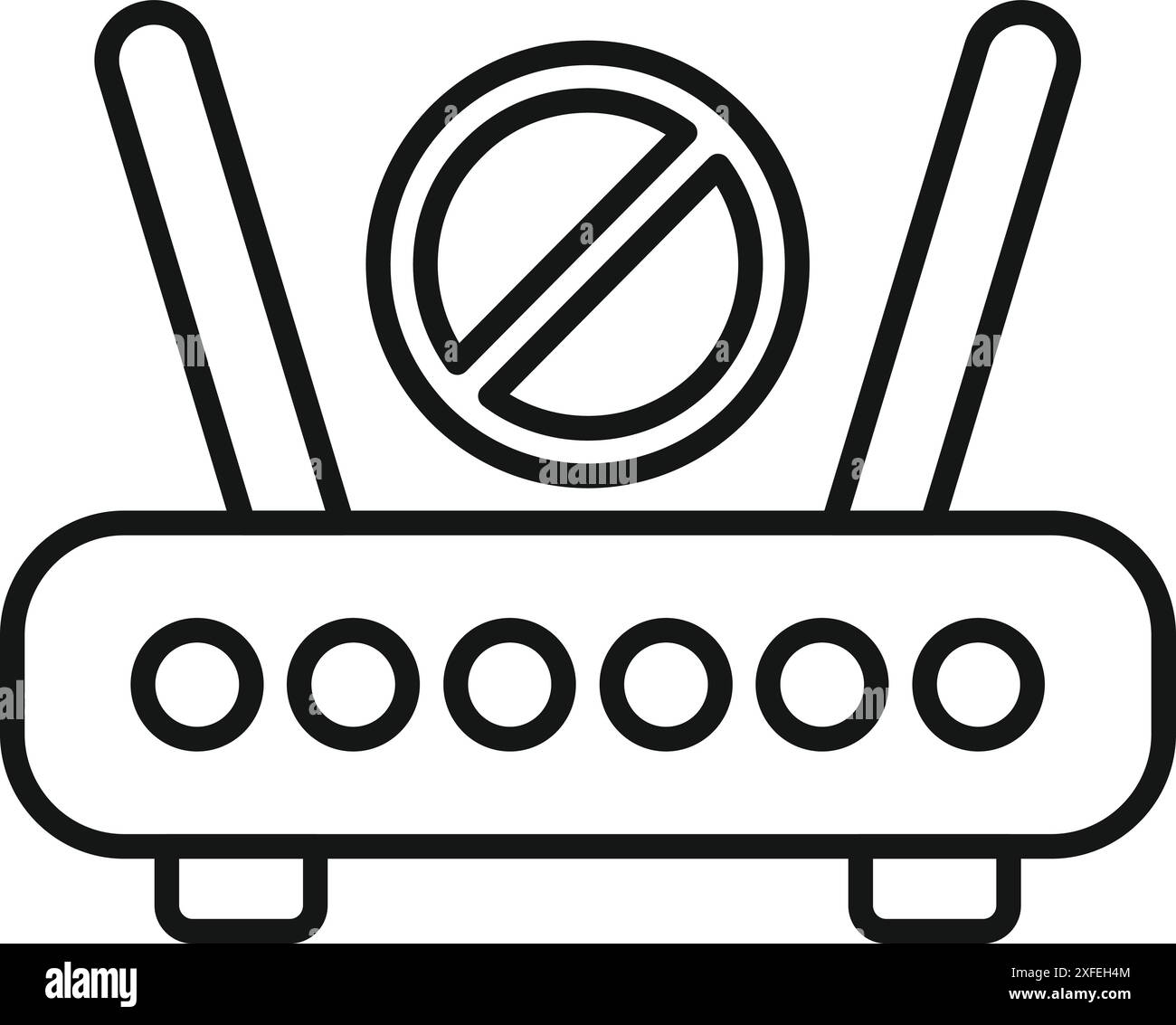 Simple line icon showing a router with a crossed out sign above ...