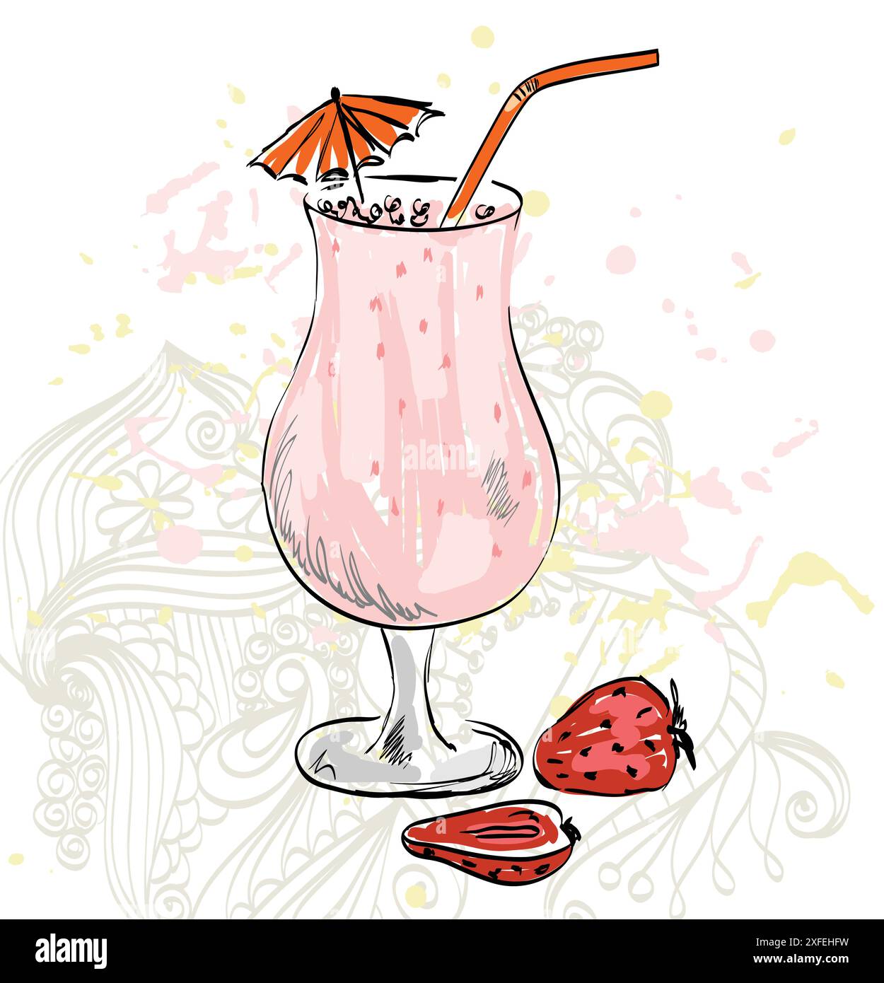 Illustration with hand drawn summer Strawberry cocktail Stock Vector ...