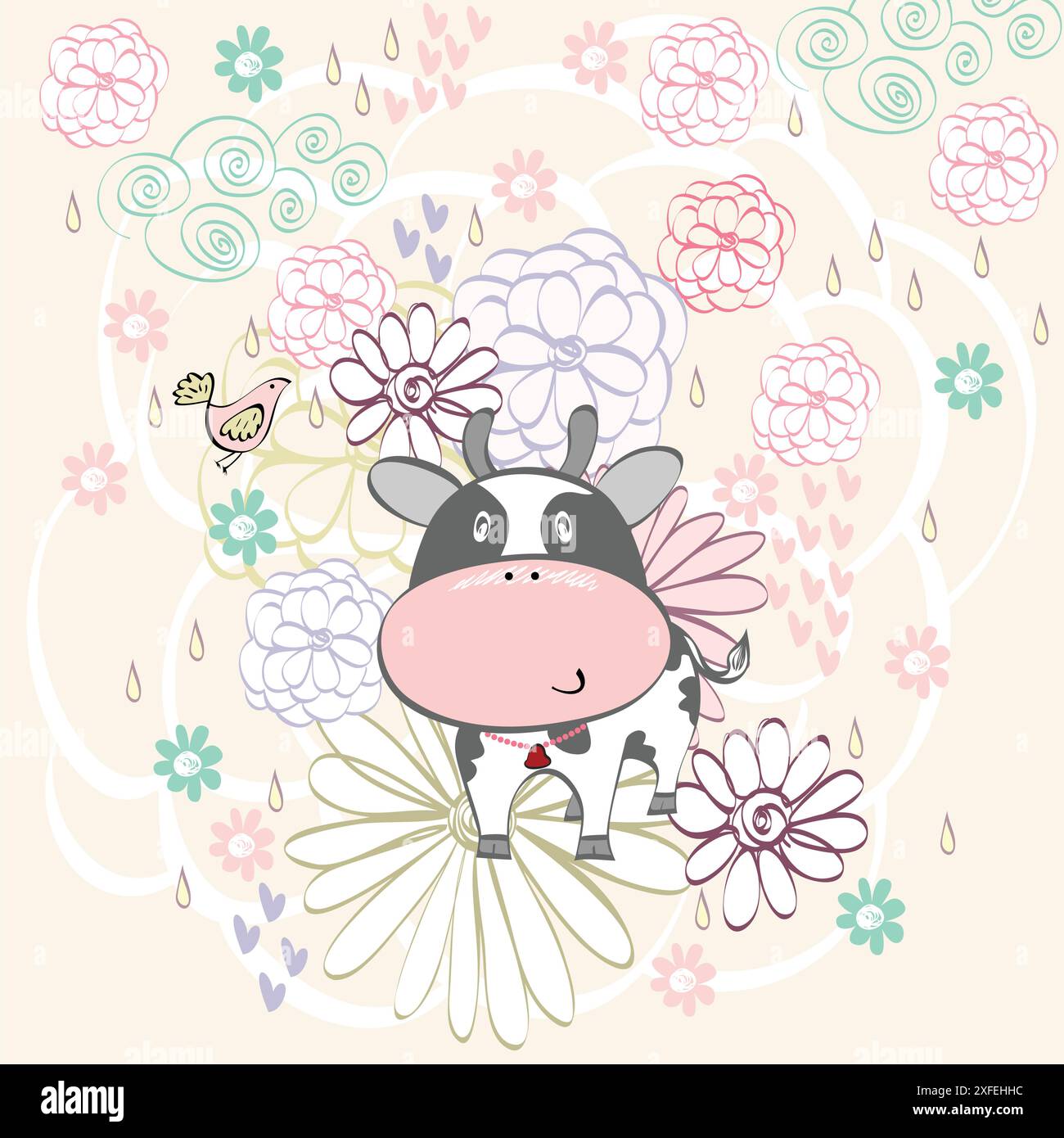 Stylish floral background with cartoon cow in light colors Stock Vector ...