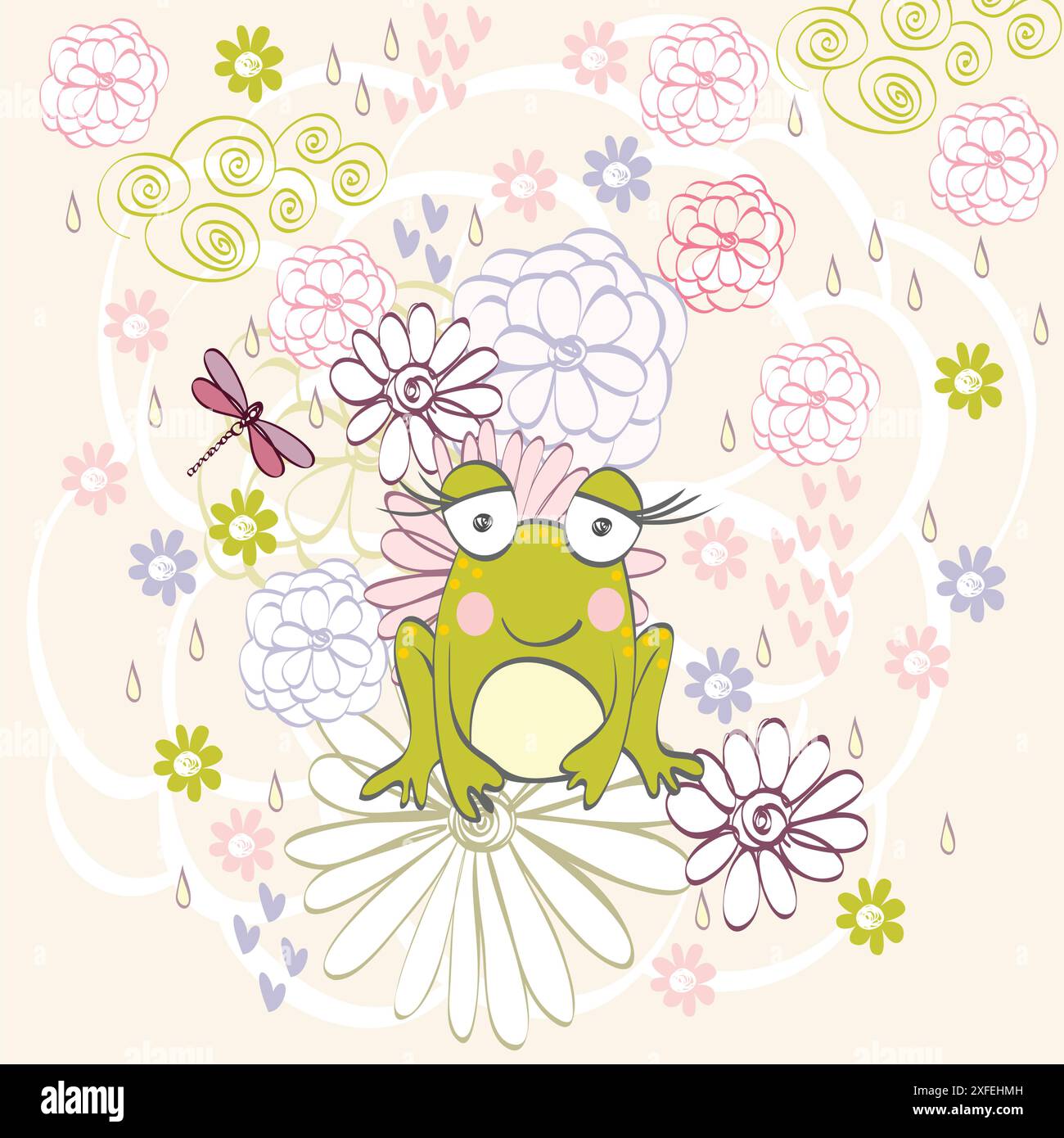 Stylish floral background with cartoon frog in light colors Stock ...