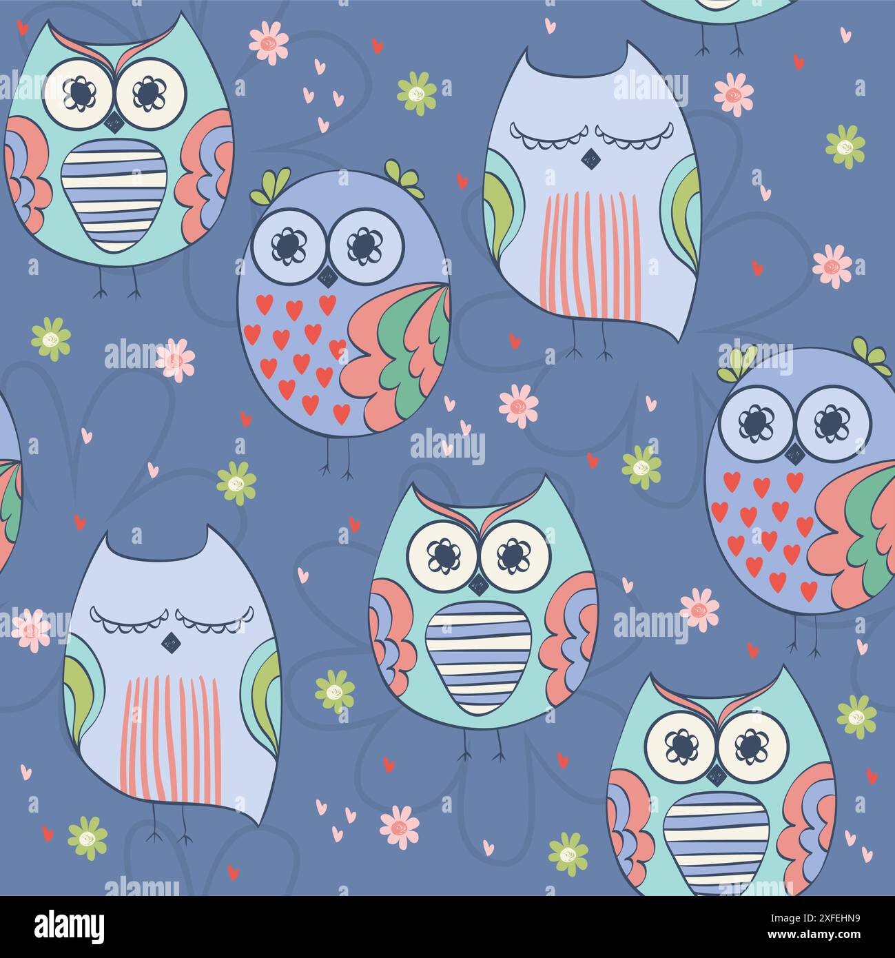Vector illustration with cartoon owls. Seamless pattern Stock Vector ...