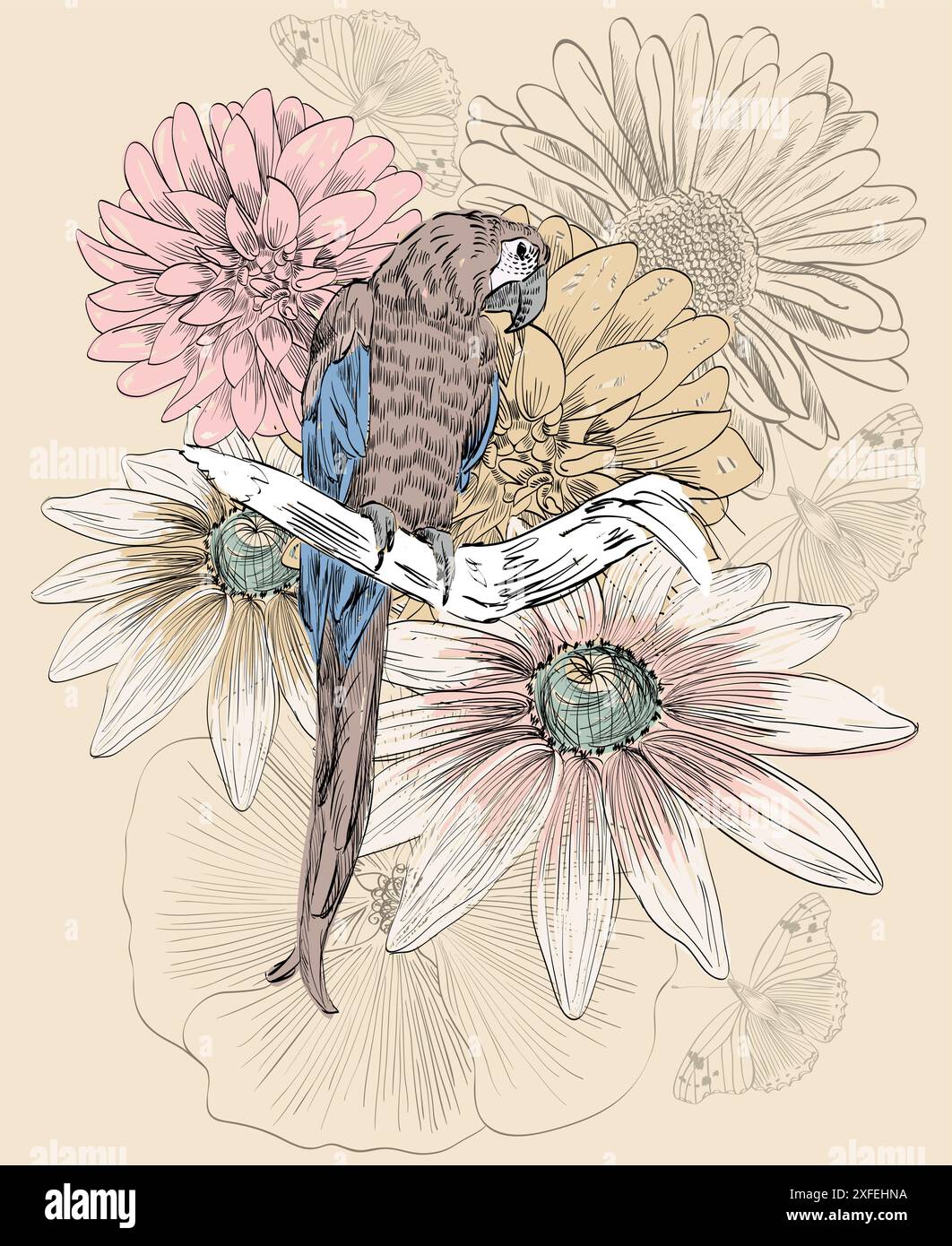 Vector sketch of a parrot with flowers. Hand drawn illustration Stock ...