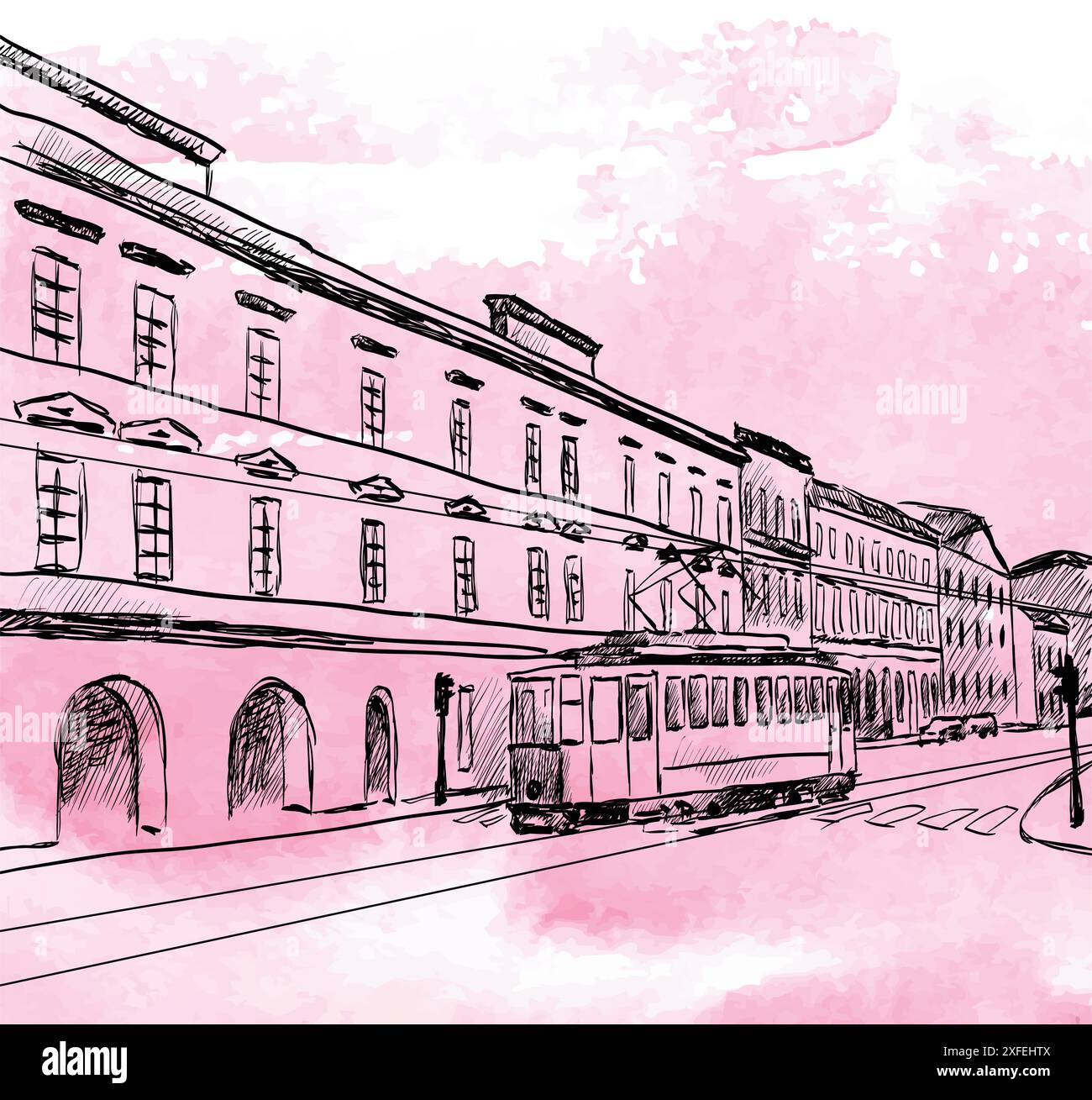 City sketch. Watercolor town summer. vector illustration Stock Vector ...