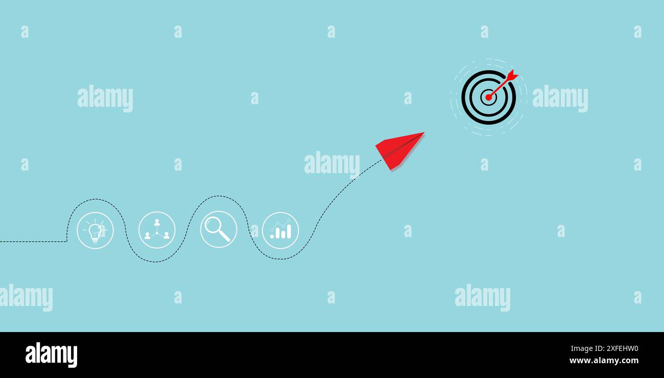 Red airplane flying towards target on light blue background, The ...