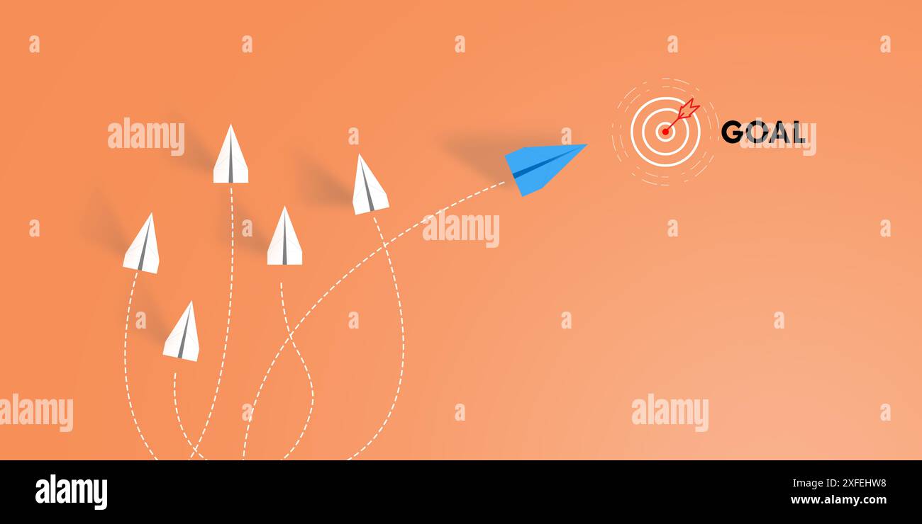 The concept of leadership, Blue airplane flying towards target on ...