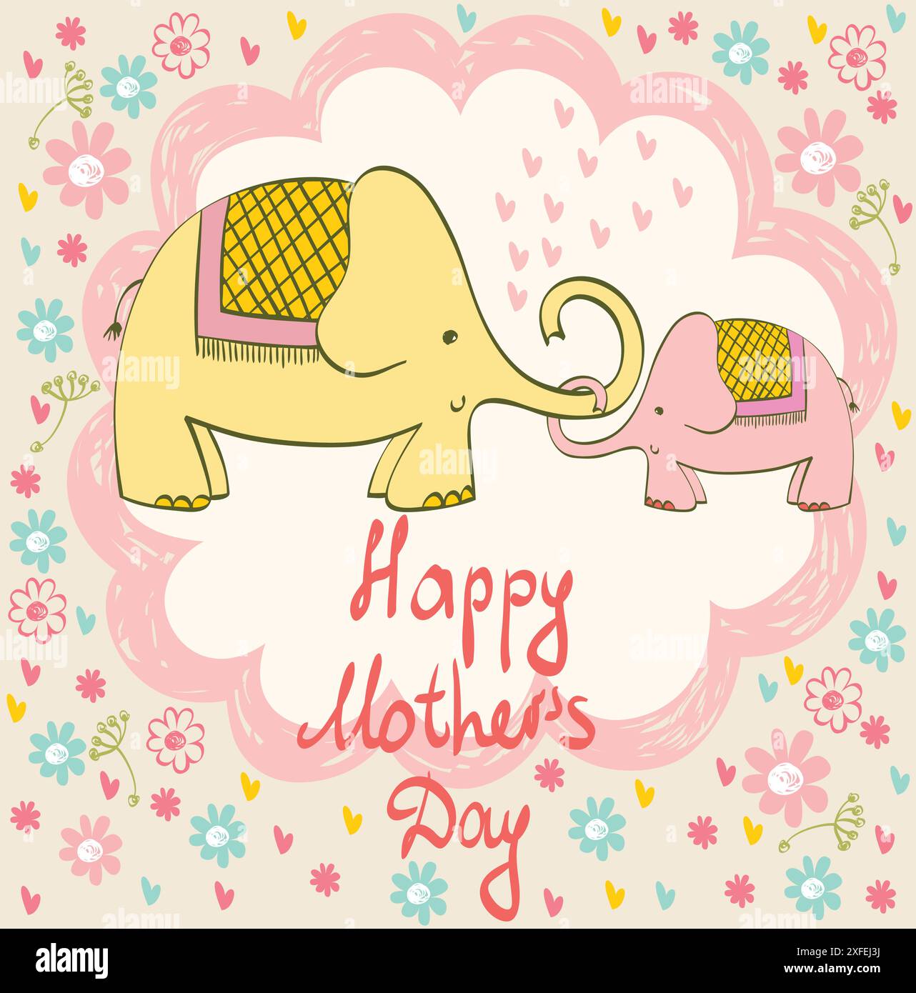Hand drawn illustration with cartoon elephant. Invitation card Stock ...