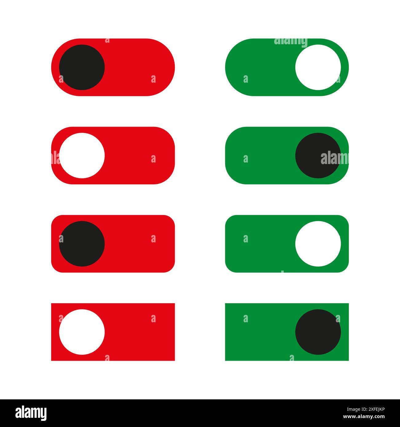 Toggle switch icons. Red and green vector set. On and off buttons. Simple interface design Stock ...