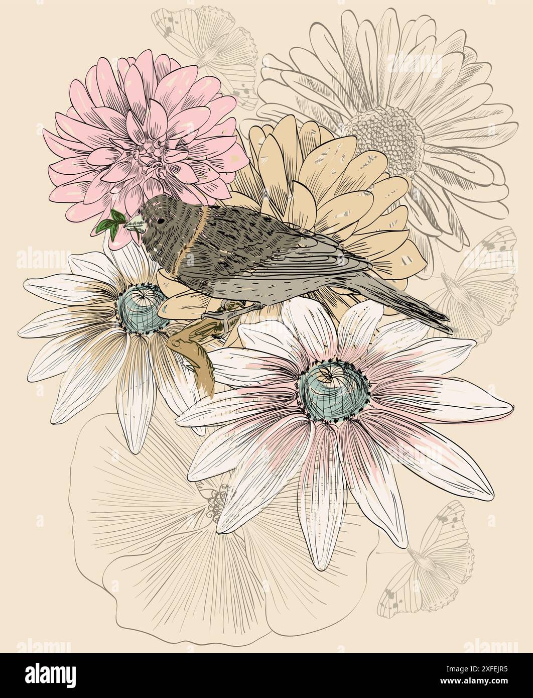 Vector sketch of a bird with flower. Hand drawn illustration Stock ...