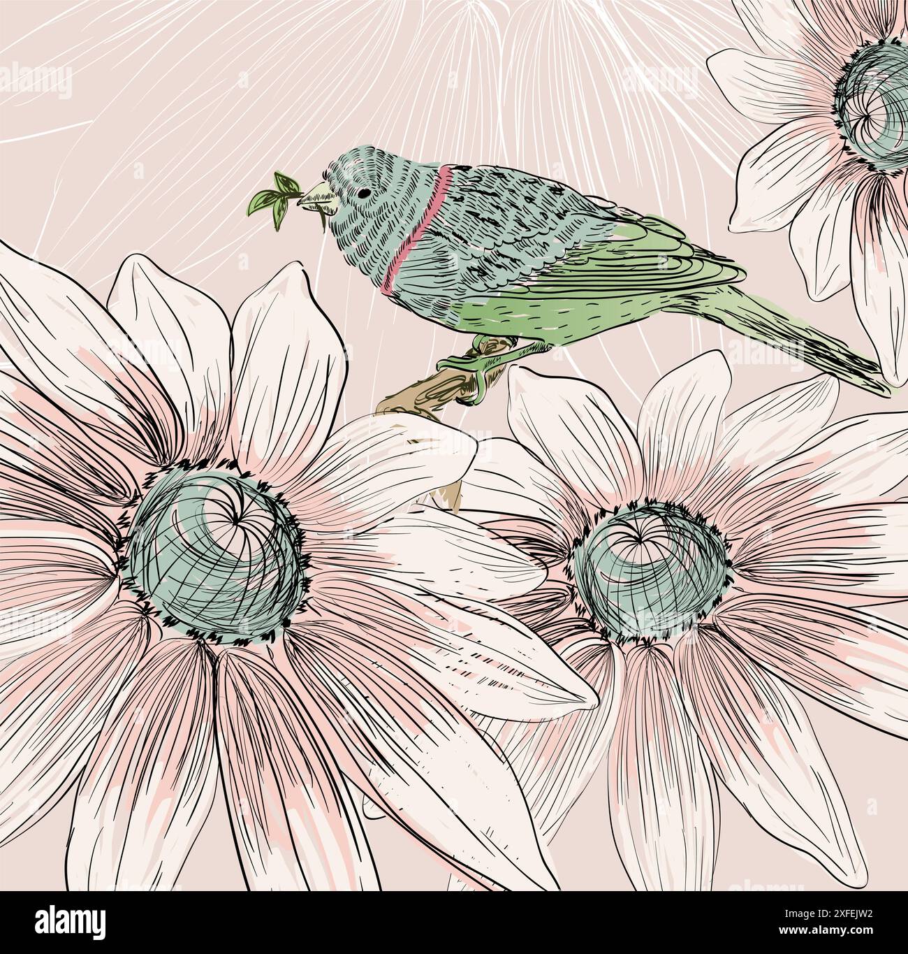 Vector sketch of a bird with flowers. Hand drawn illustration Stock ...