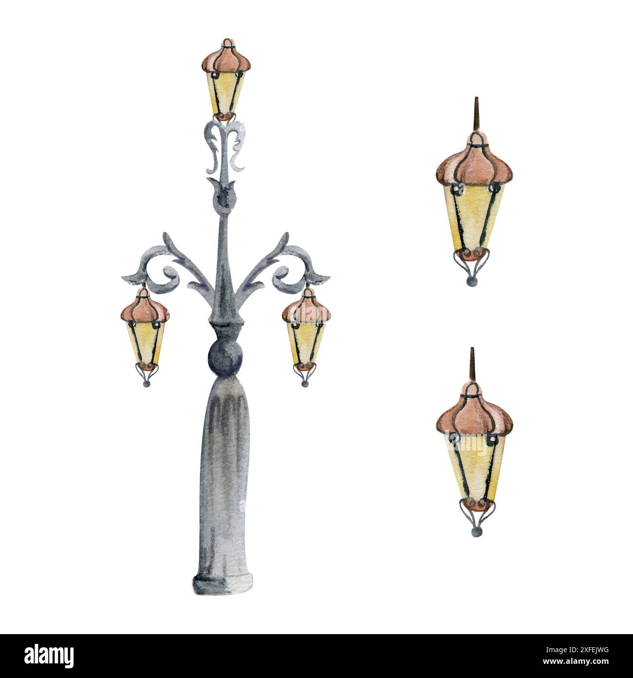 Old European city town street space, village urban planning with lamp ...