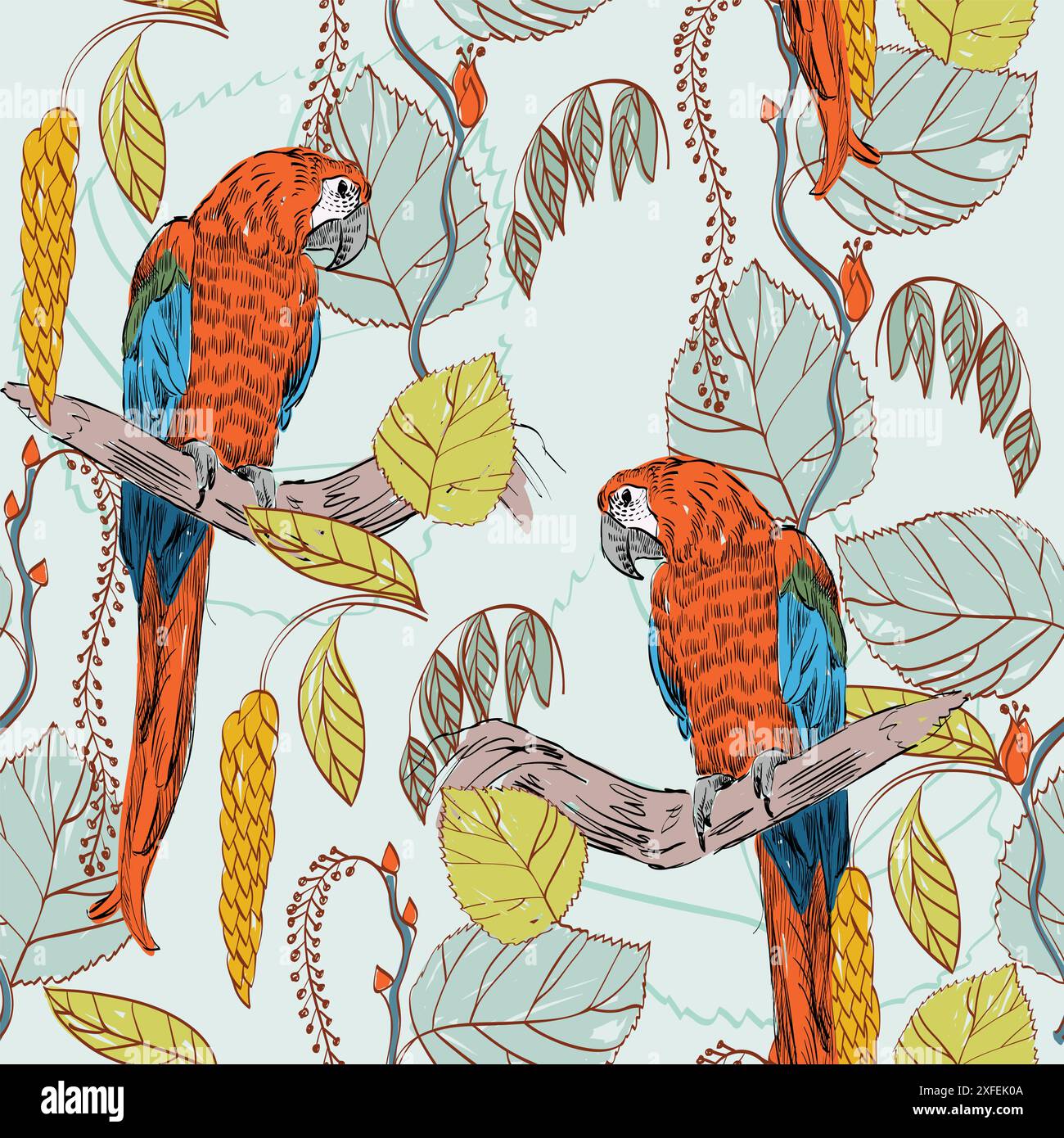 Vector sketch of a parrot with plants. Hand drawn illustration Stock ...