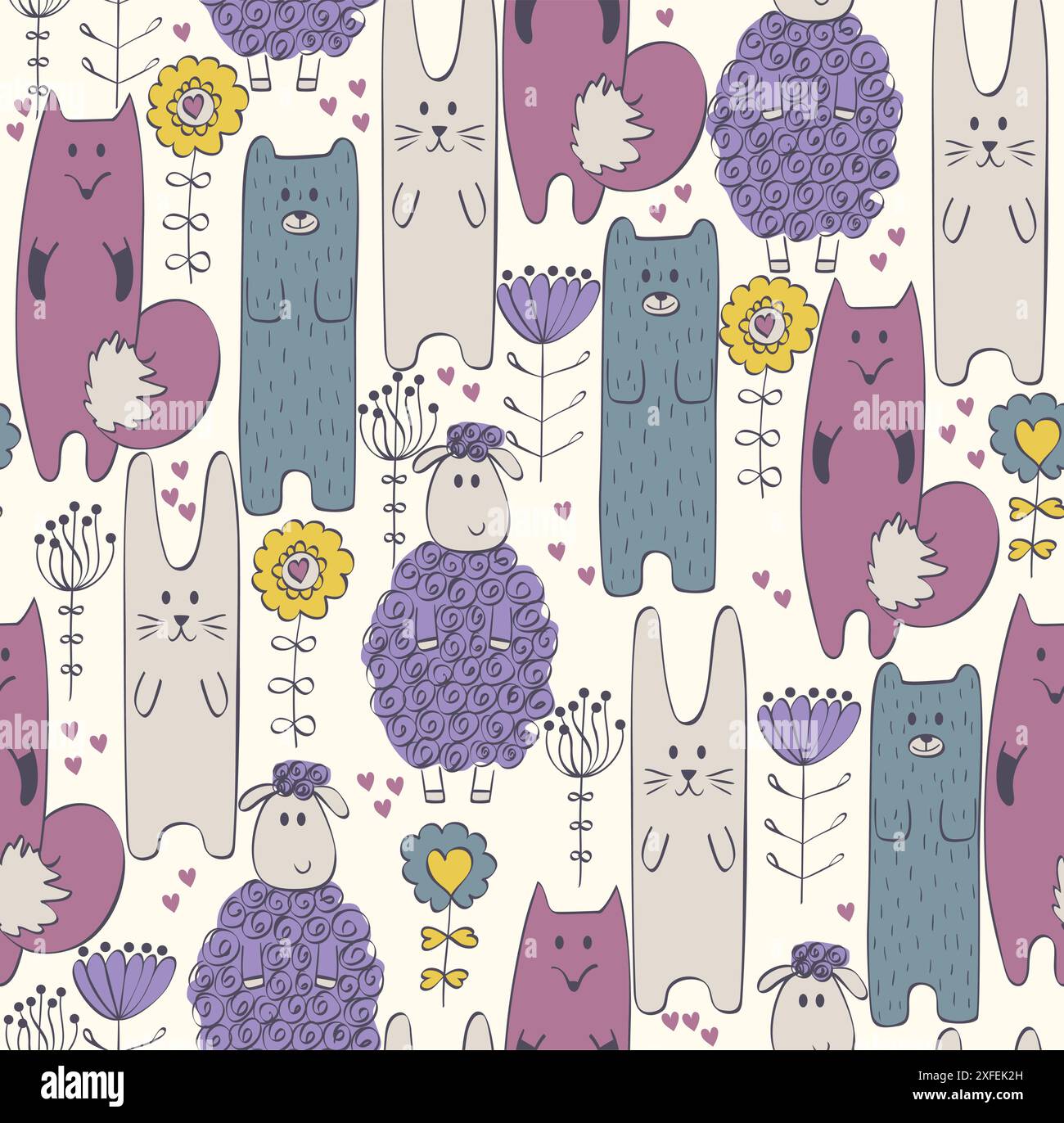Hand Drawn illustration. Seamless pattern with cartoon animals Stock ...