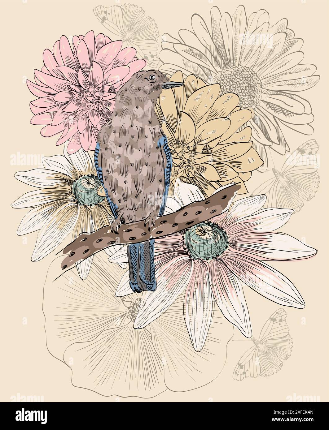 Vector sketch of a bird with flower. Hand drawn illustration Stock ...