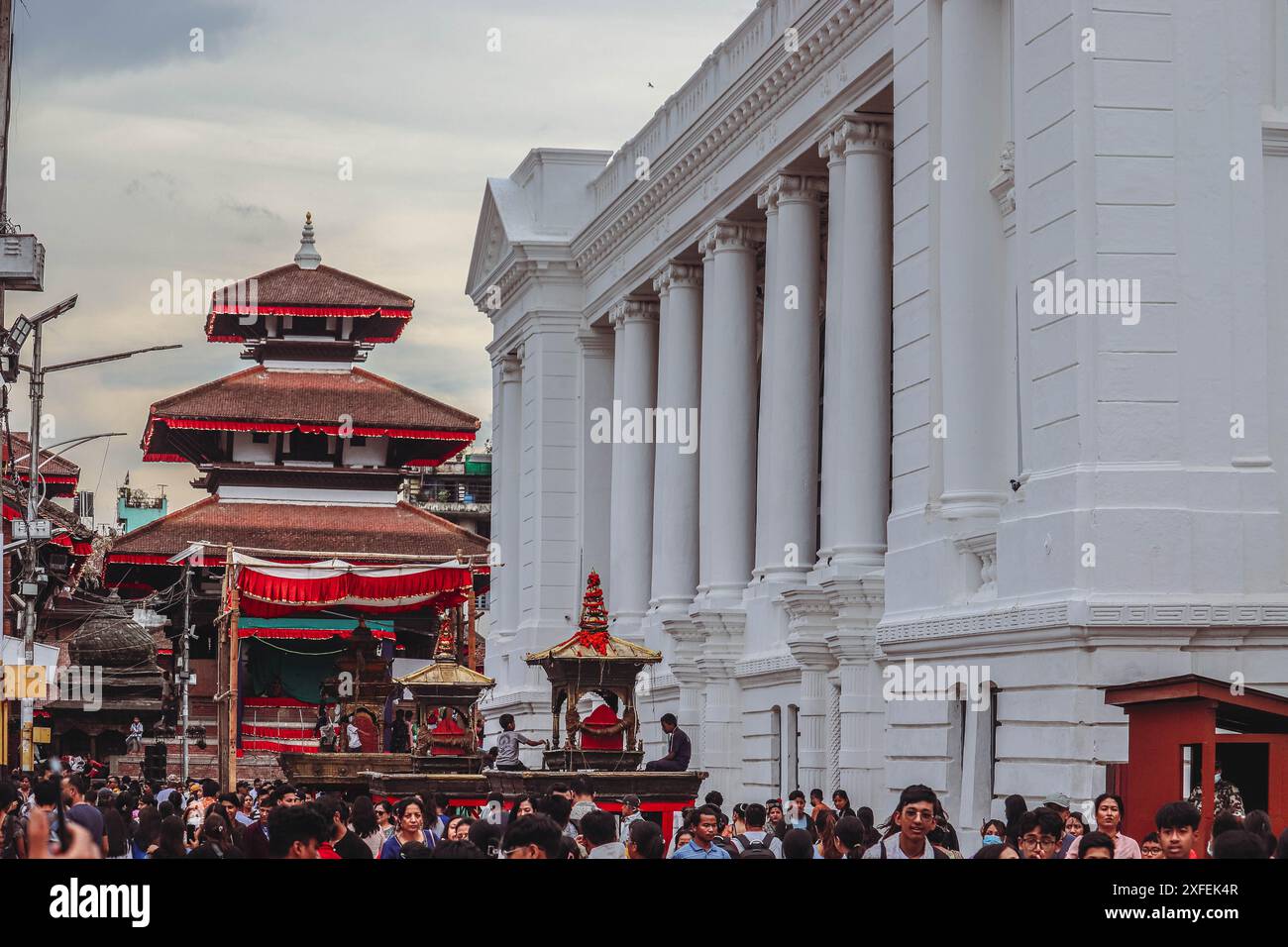 A view of all 3 chariots prepared for Indra Jatra in Basantapur, Nepal ...