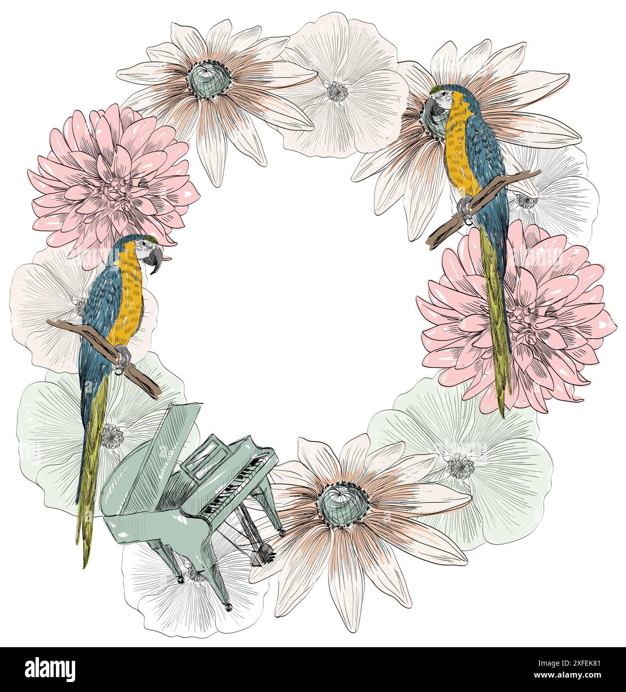 Vector sketch of a parrot with flowers. Hand drawn illustration Stock ...