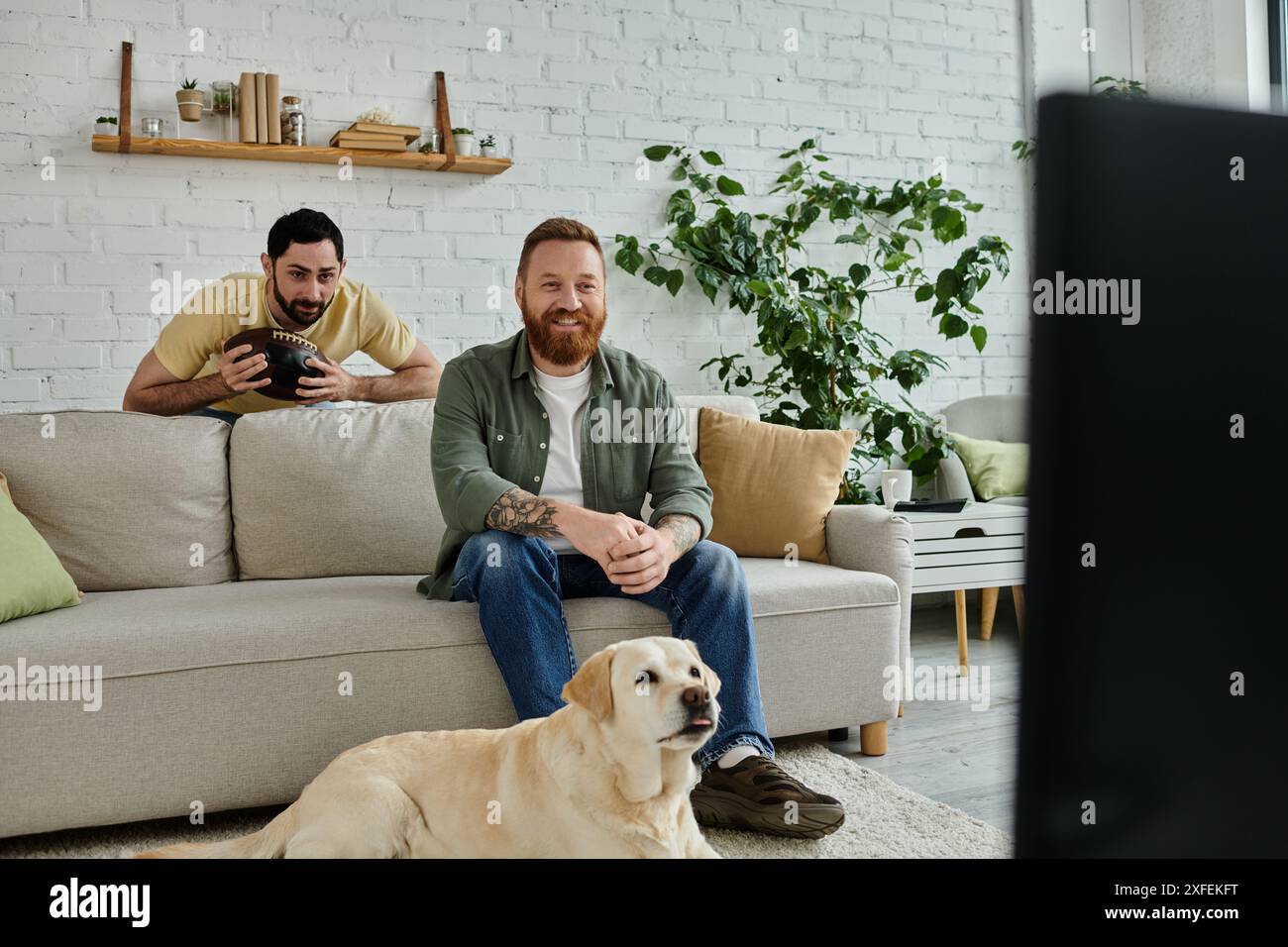 A bearded man and his dog sit on a couch in the living room, watching a ...