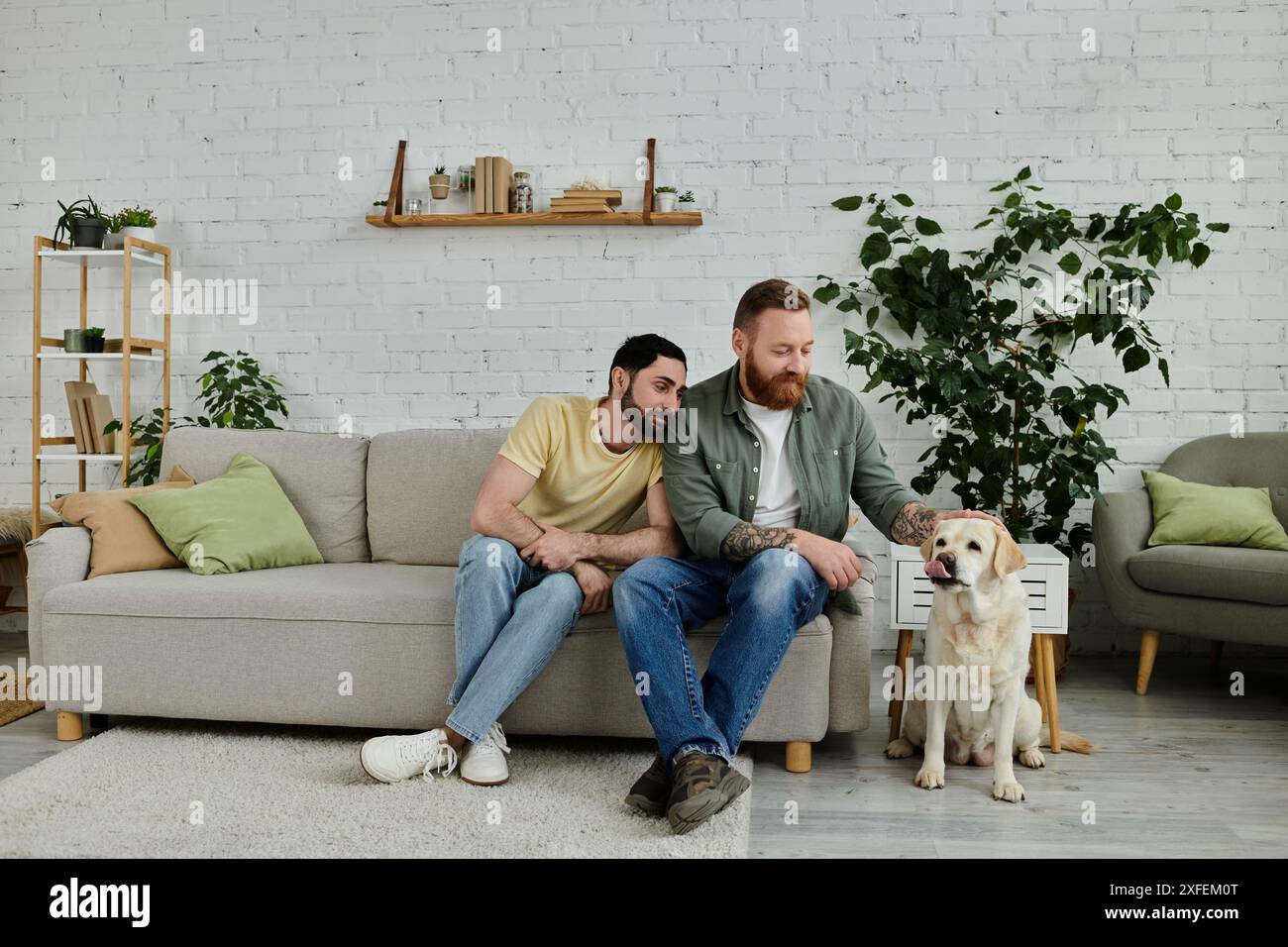 Two bearded men relax on a couch, sharing a cozy moment with their ...