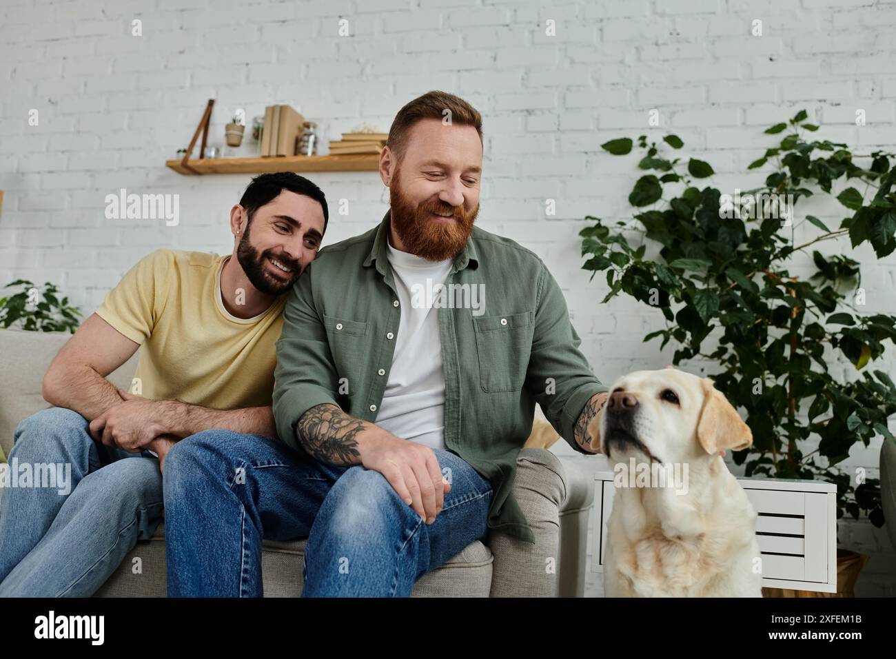 Two Men A Bearded Gay Couple Relax On A Couch With Their Labrador In A Cozy Living Room