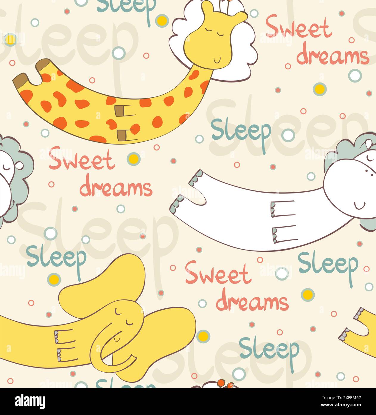 Cartoon Sleeping animals. Cute Hand Drawn seamless pattern Stock Vector ...
