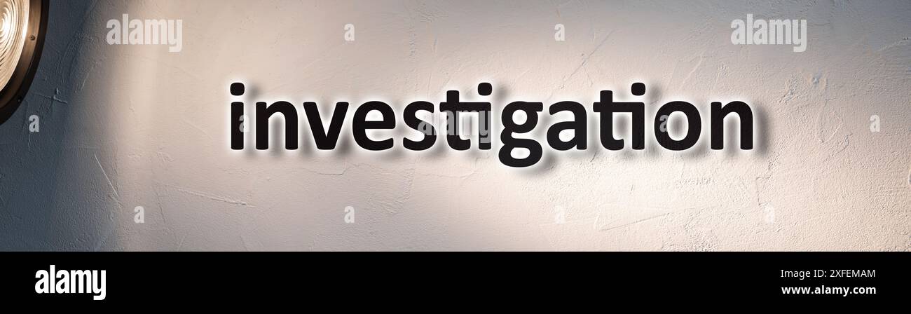 A Single Light Shines On The Word Investigation On A White Wall Stock ...