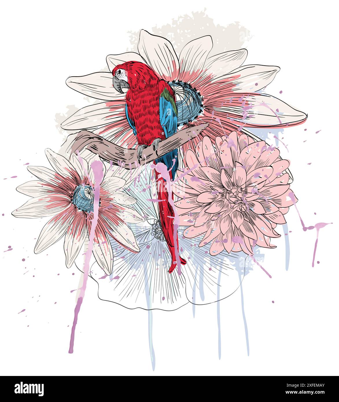 Vector sketch of a parrot with flowers. Hand drawn illustration Stock ...