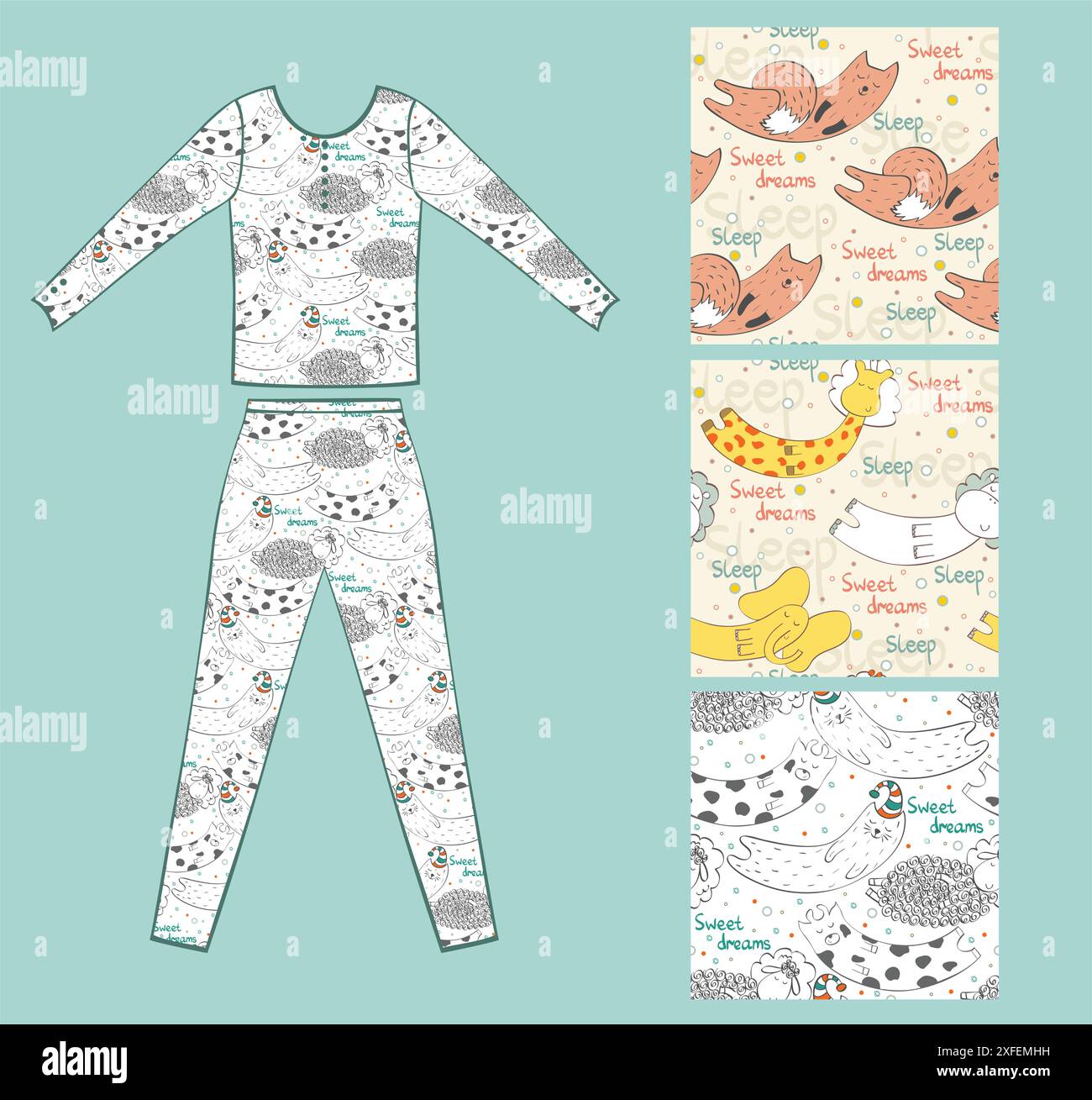 Set of seamless pattern with sleeping animals pajamas Stock Vector ...
