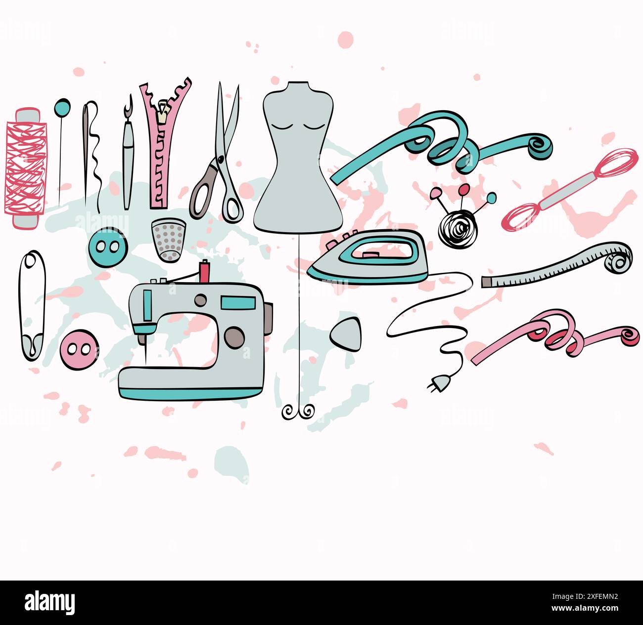 sketch tailoring equipment, mannequin, sewing machine. Hand drawn ...