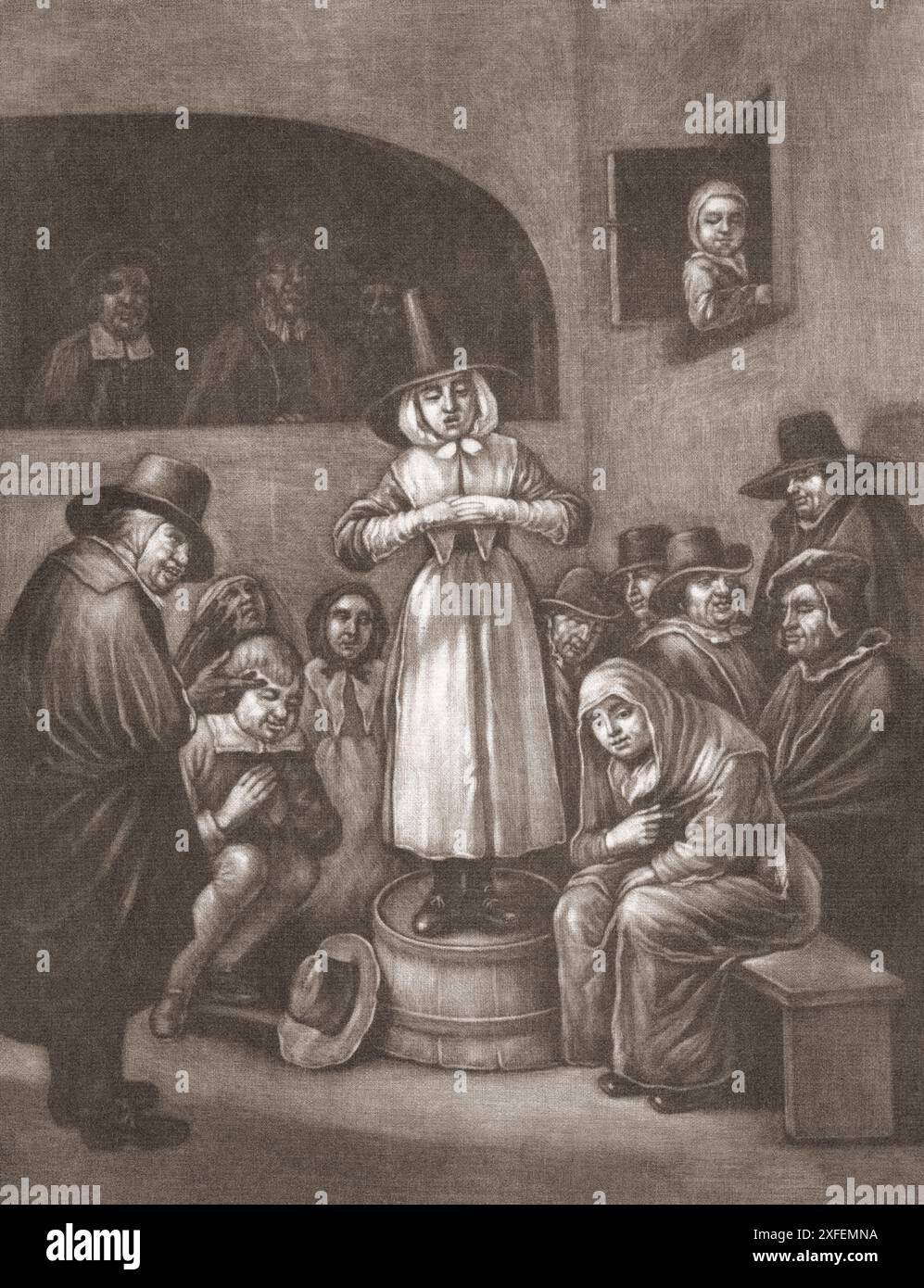 The Quaker Meeting. A group of Quakers in an interior, some sit on ...