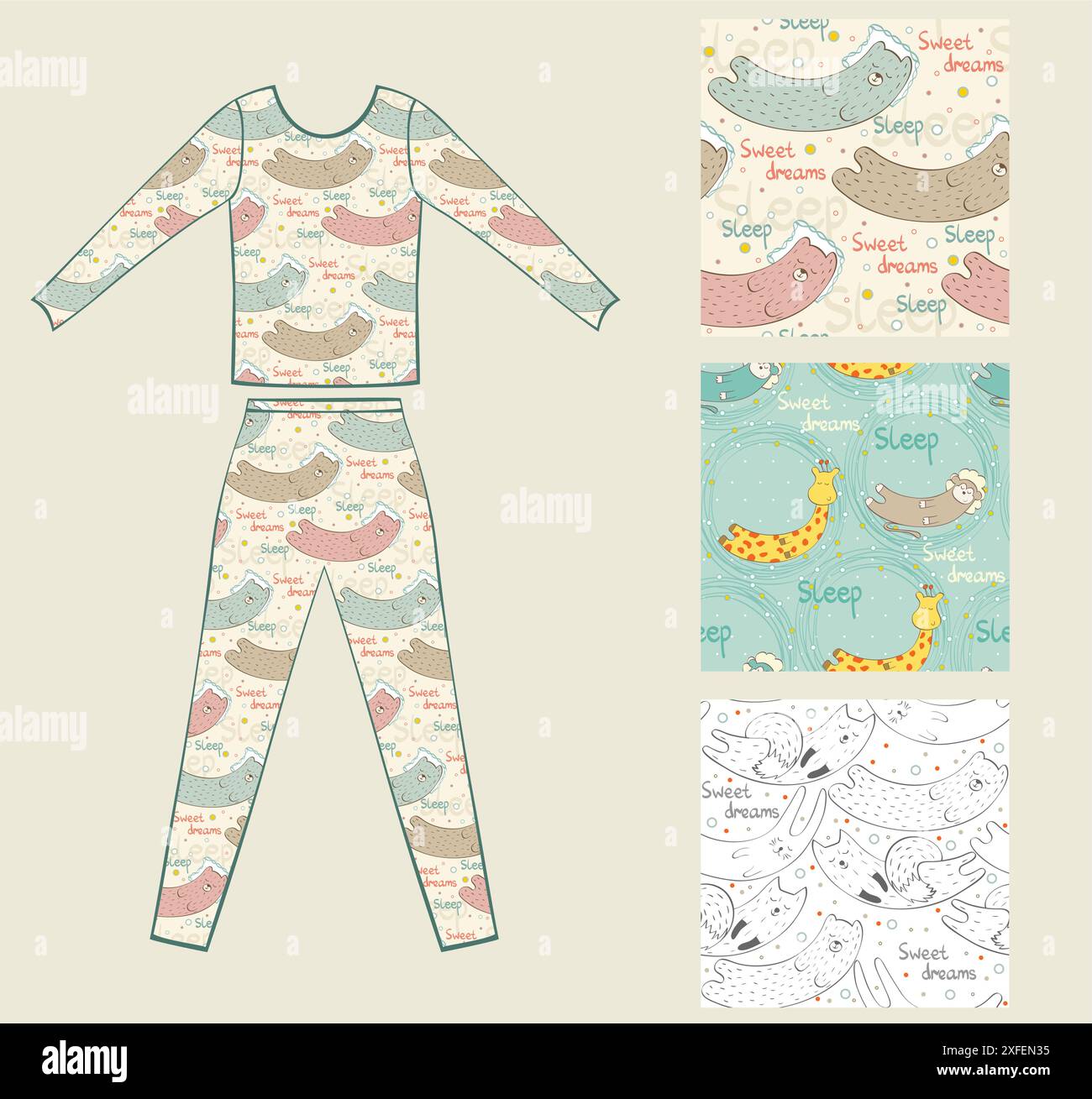 Set of seamless pattern with sleeping animals pajamas Stock Vector ...